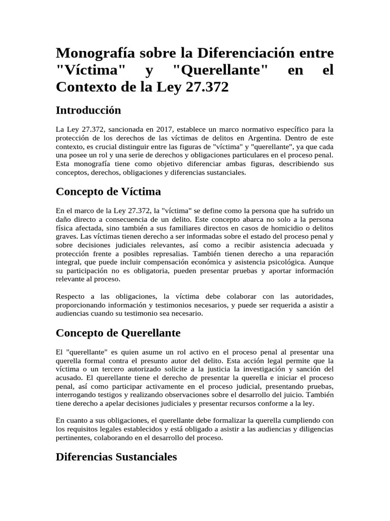 Monografía Sobre La Diferenciación Entre "Víctima" y "Querellante" en ...
