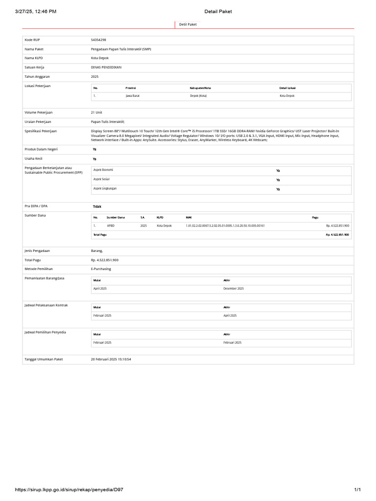Pengadaan Papan Tulis Interaktif (SMP) Rp4,5M | PDF