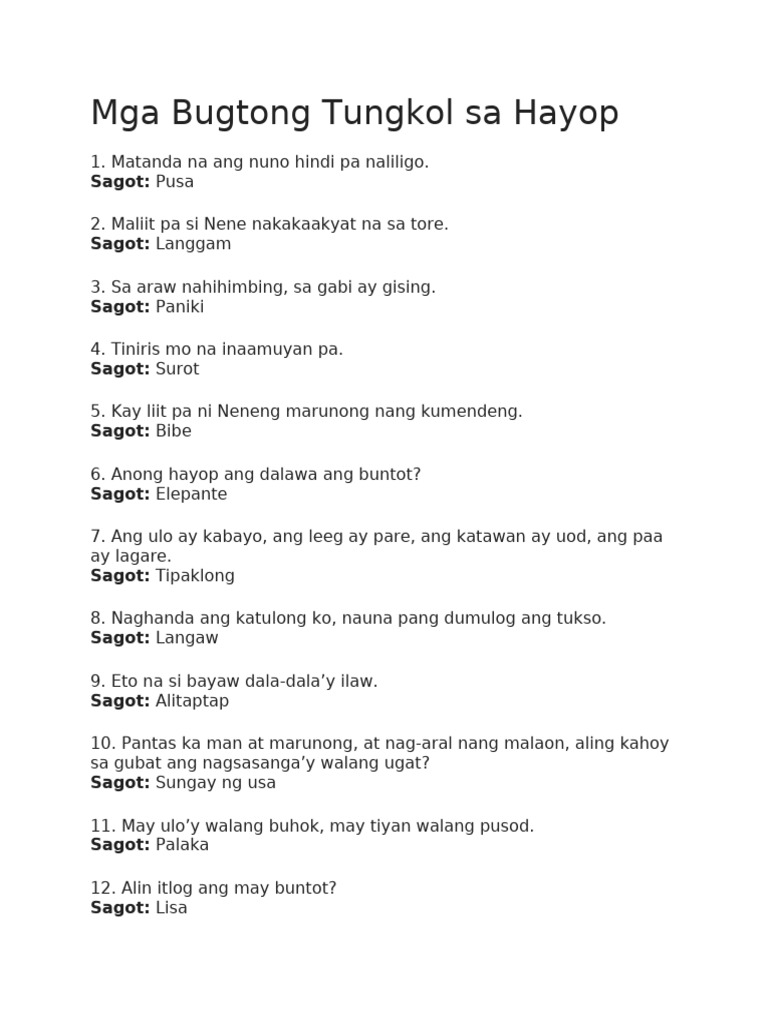 Mga Bugtong Tungkol Sa Hayop | PDF