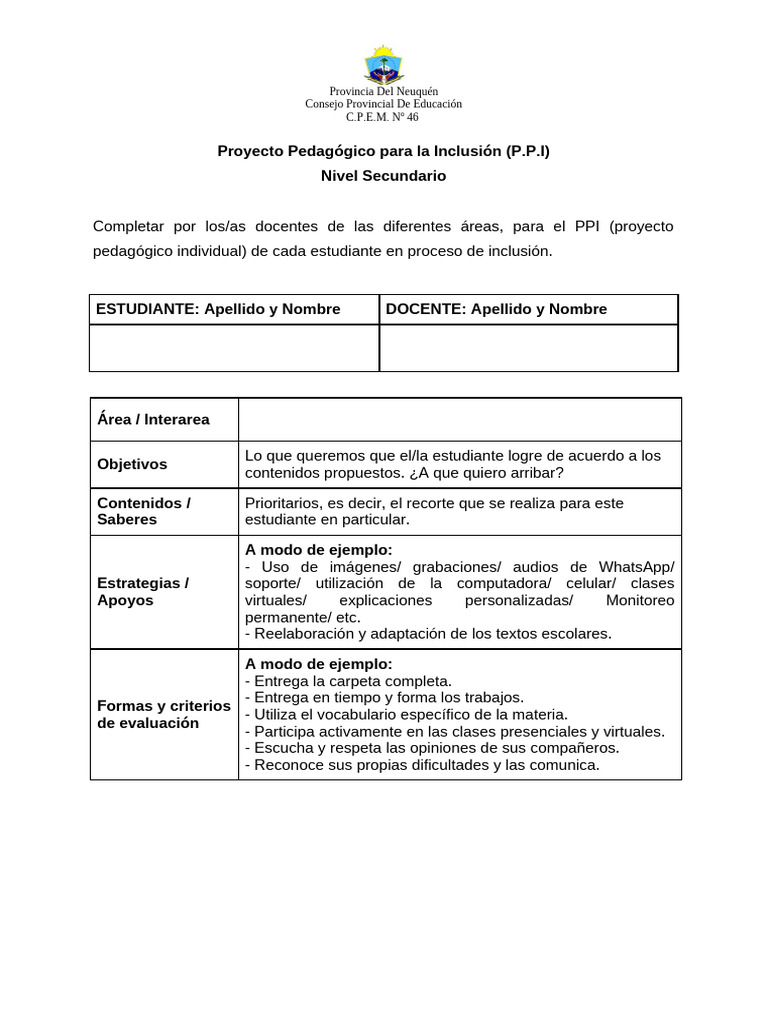 Modelo Planilla Ppi - 1º, 2º y 3º | PDF