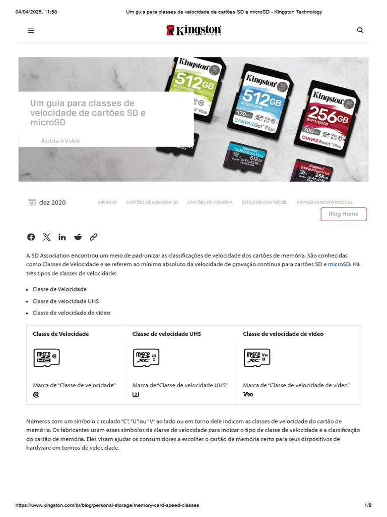 Um Guia para Classes de Velocidade de Cartões SD e microSD - Kingston Technology | PDF ...