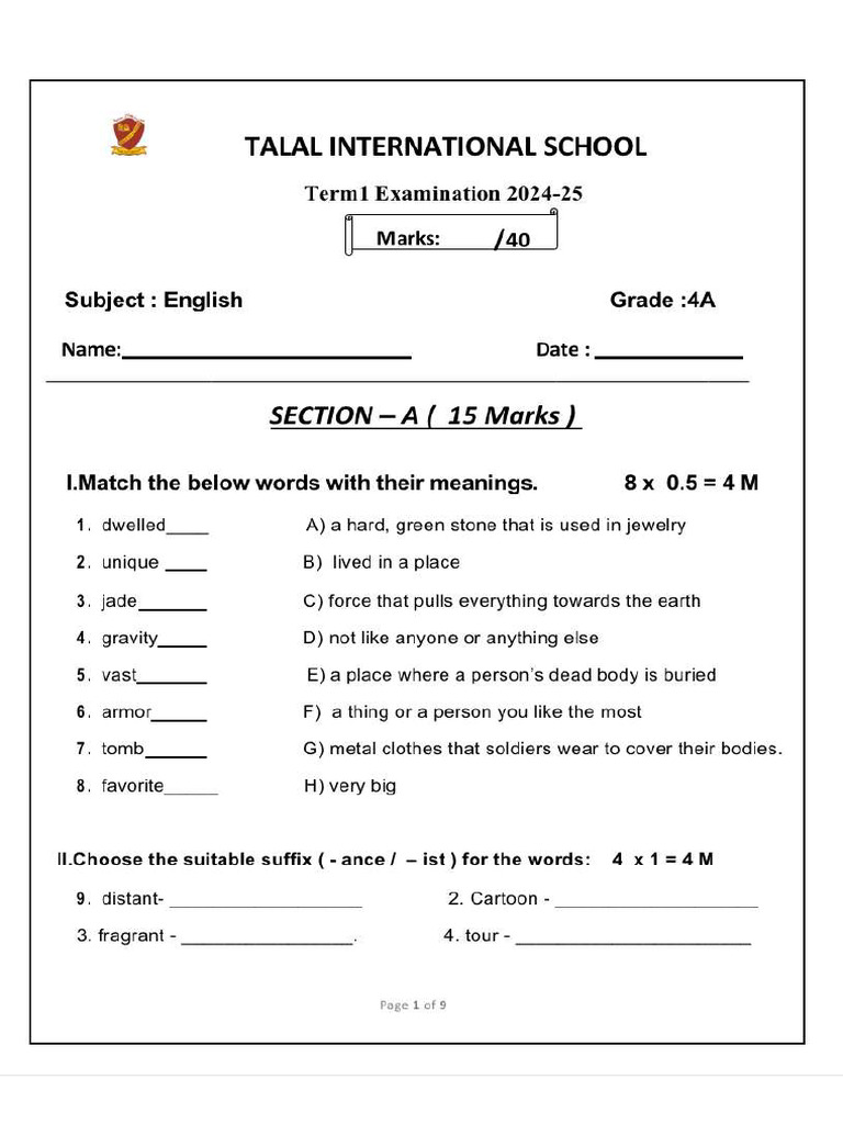 Grade 4 English QP 2024-2025 | PDF