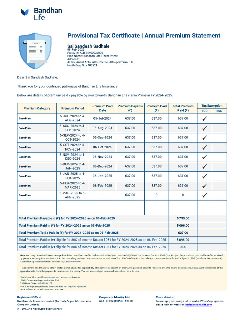 ALI524400032005 PTC Receipt-1 | PDF | Life Insurance | Taxation In The ...