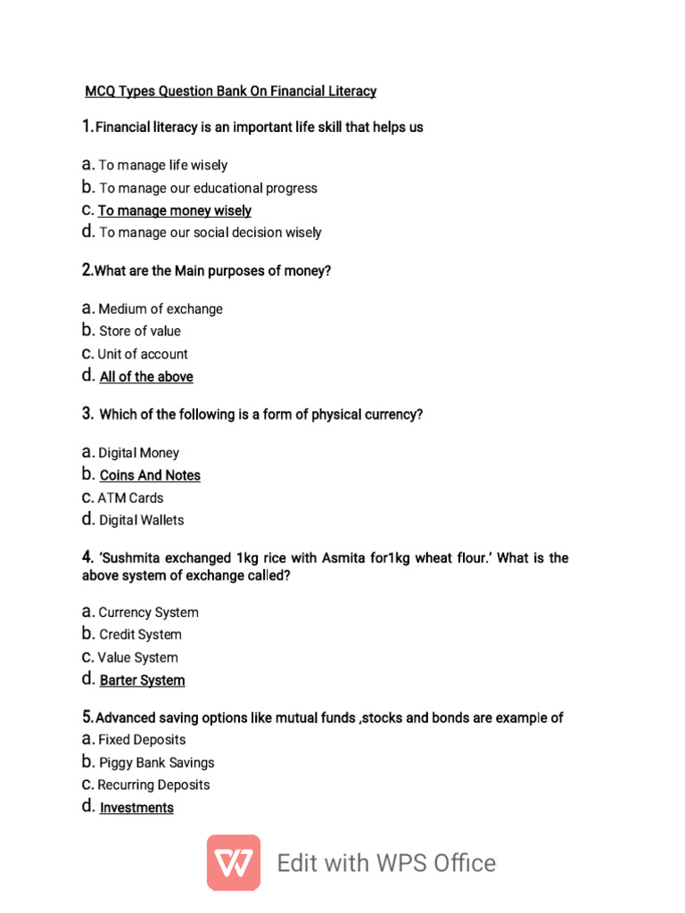 Financial Literacy MCQ Question Bank | PDF