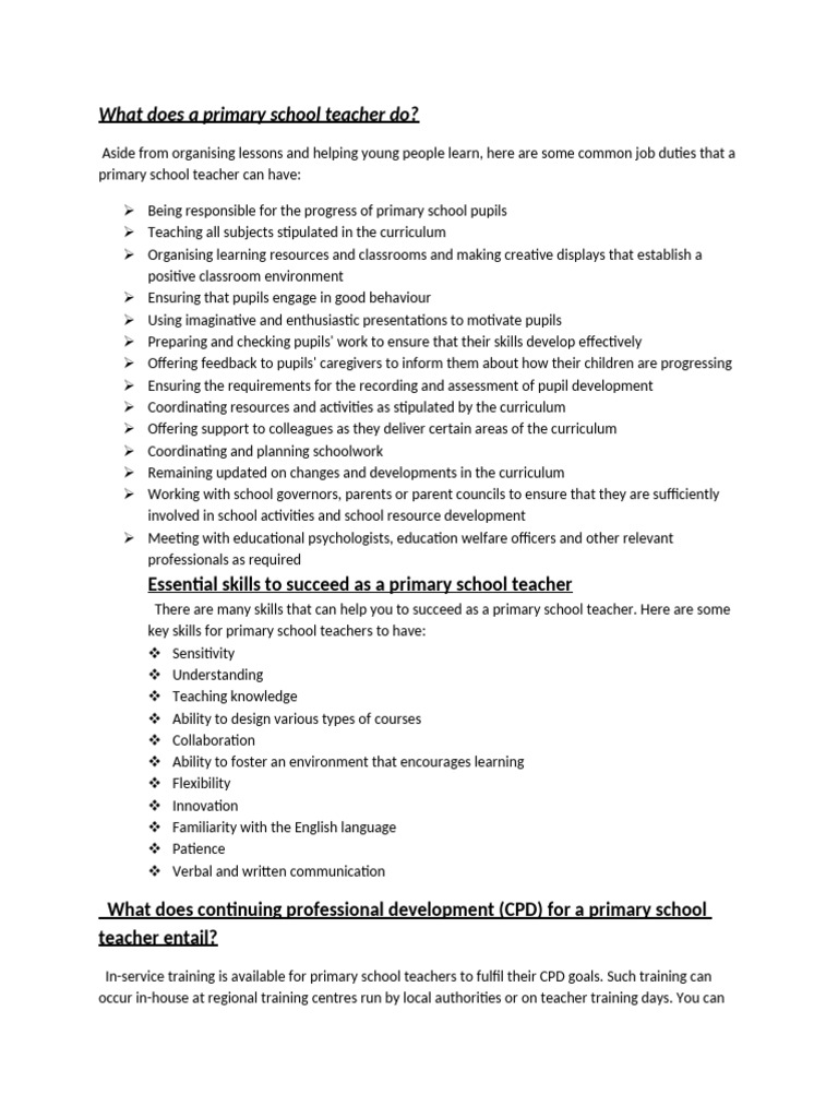 Essential Roles of Primary School Teachers | PDF | Teachers | Learning