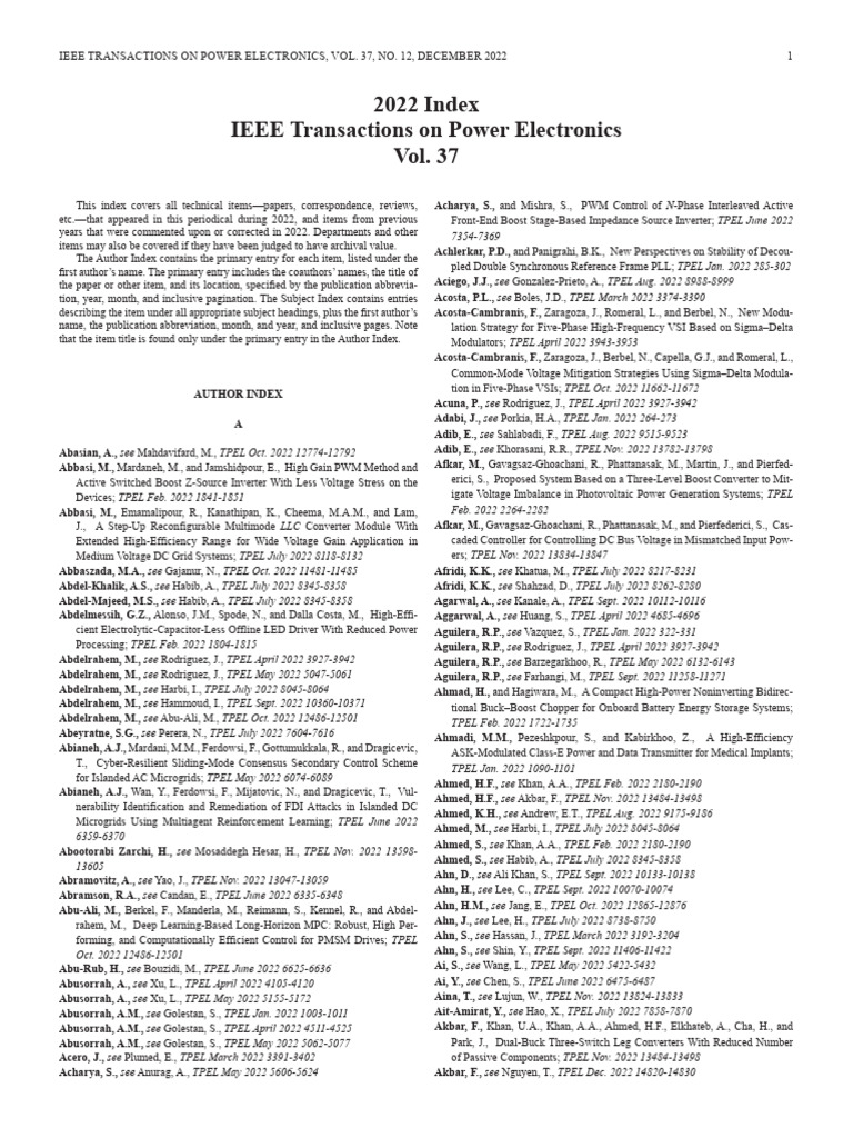 2022 Index IEEE Transactions on Power Electronics Vol. 37 | PDF | Power Electronics | Power Inverter