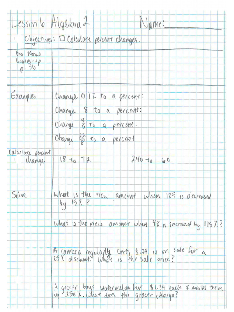 Algebra 2 Lesson 6 Notes (Blank) | PDF