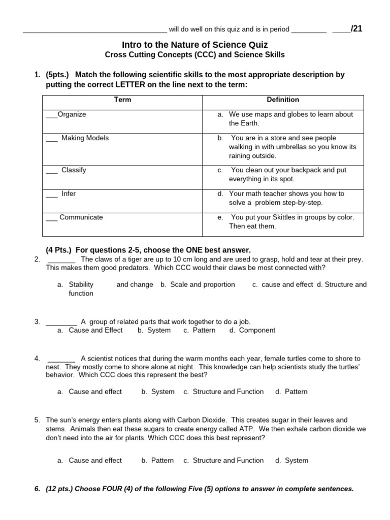 Intro To Science Quiz With Key | PDF | Science | Causality