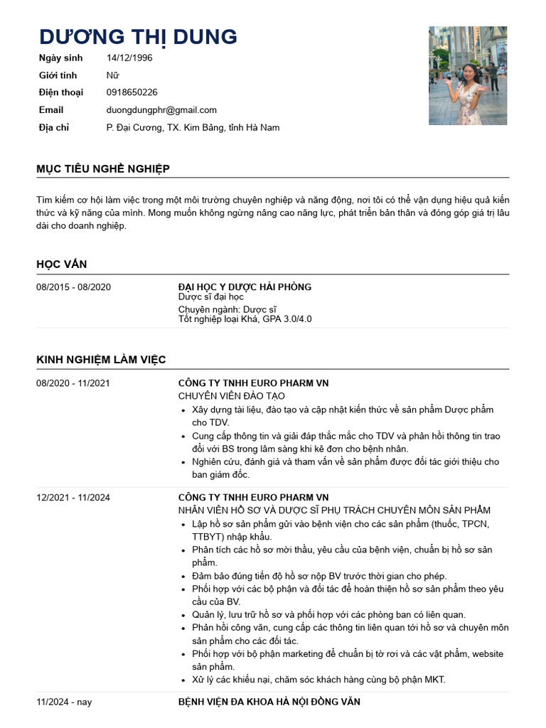 CV - DƯƠNG THỊ DUNG | PDF