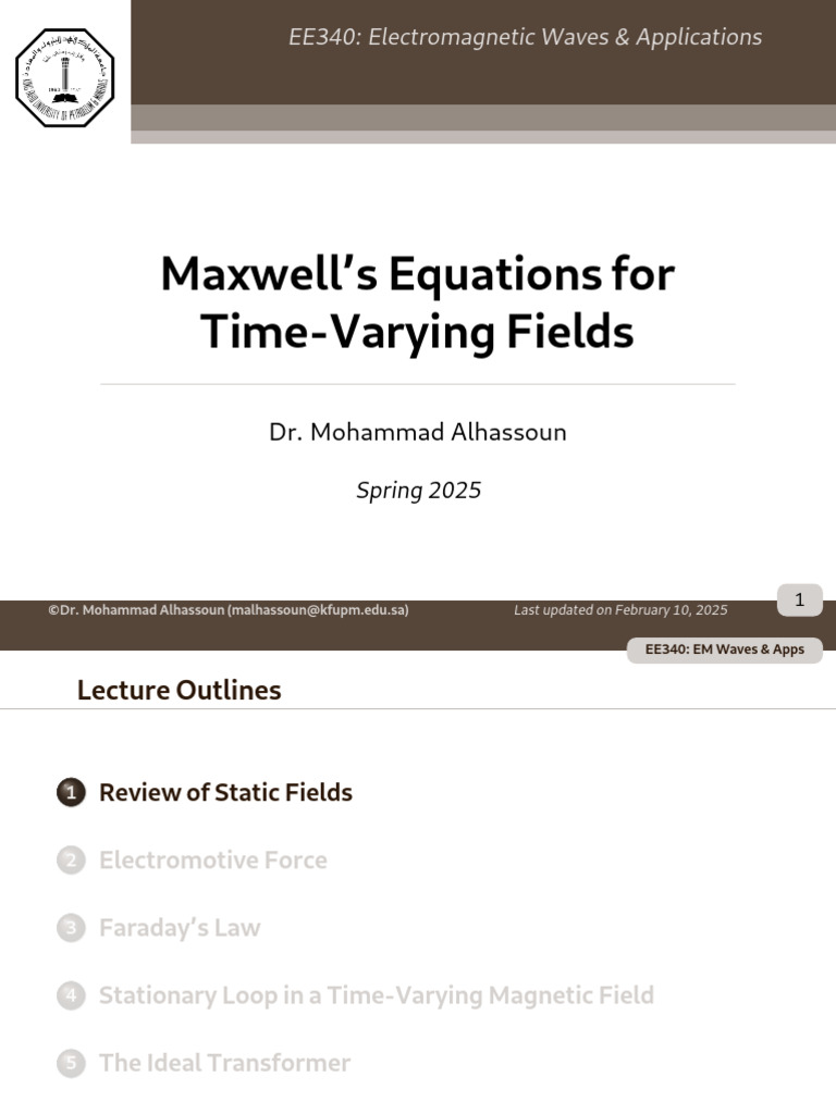 EE340 Spring2025 Chap3 Maxwell Eqns | PDF | Electromagnetic Induction | Magnetic Field