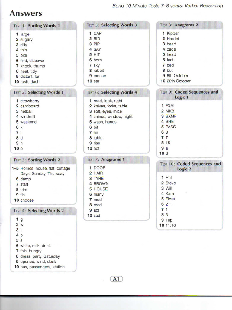 Bond Verbal Reasoning 10 Minute Tests 7-8 Years - A | PDF
