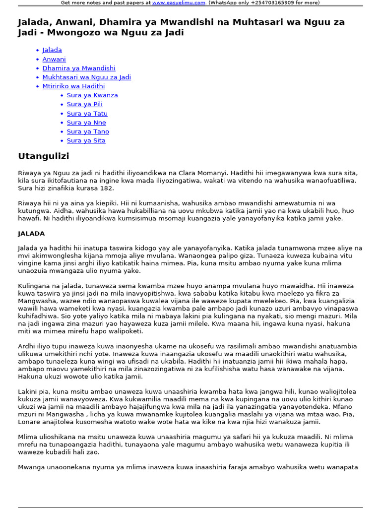Jalada, Anwani, Dhamira Ya Mwandishi Na Muhtasari Wa Nguu Za | PDF