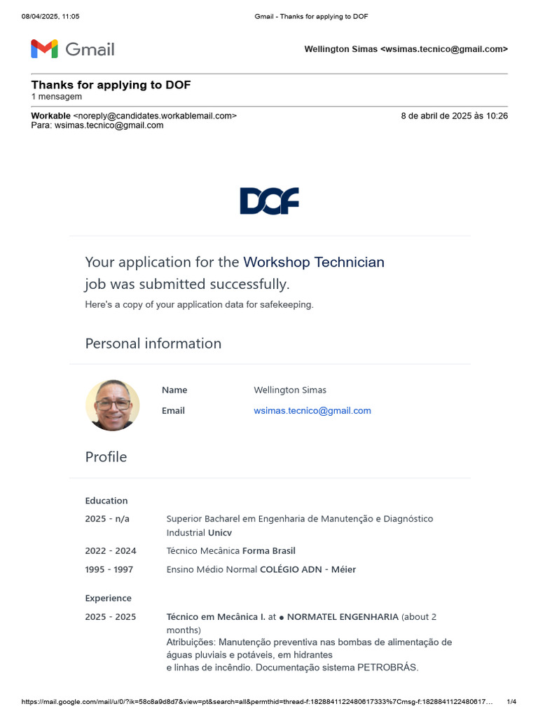 Gmail - Thanks for applying to DOF | PDF | Engenharia