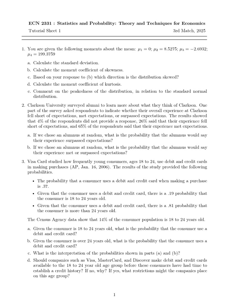 Statistics and Probability Tutorial Sheet | PDF | Debit Card | Credit Card