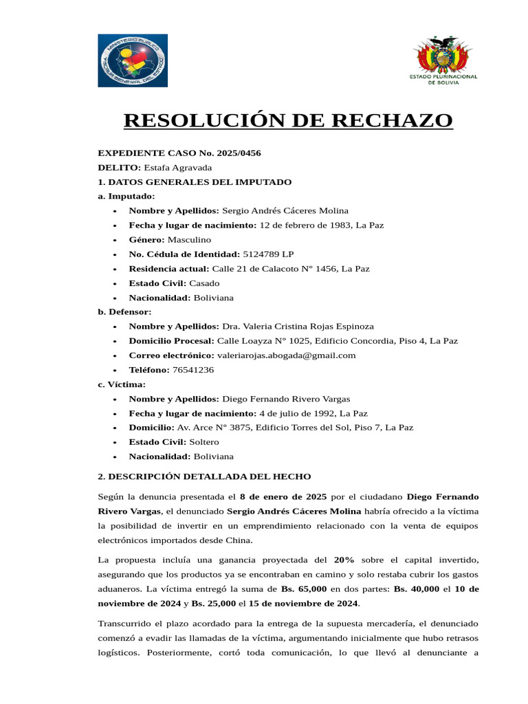 Rechazo de Denuncia por Estafa Agravada | PDF