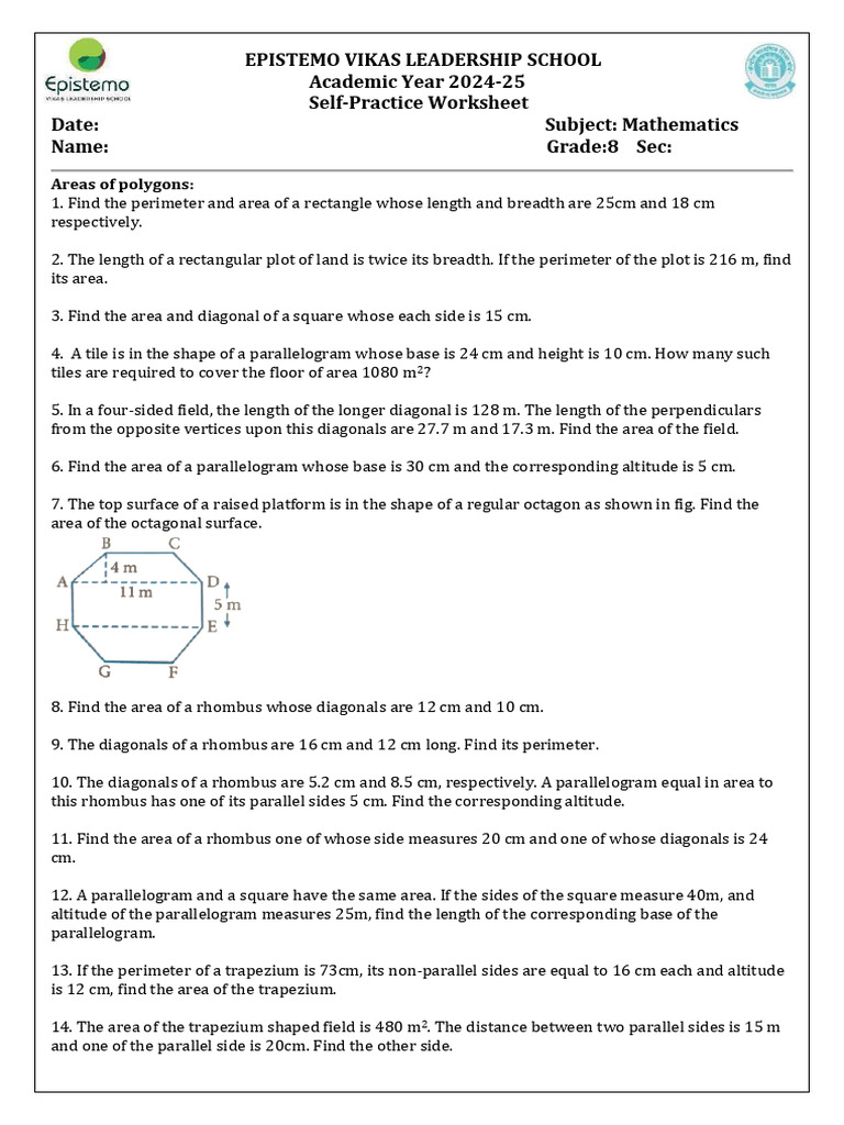 Areas of Polygons Self Practice Worksheet | PDF | Area | Rectangle