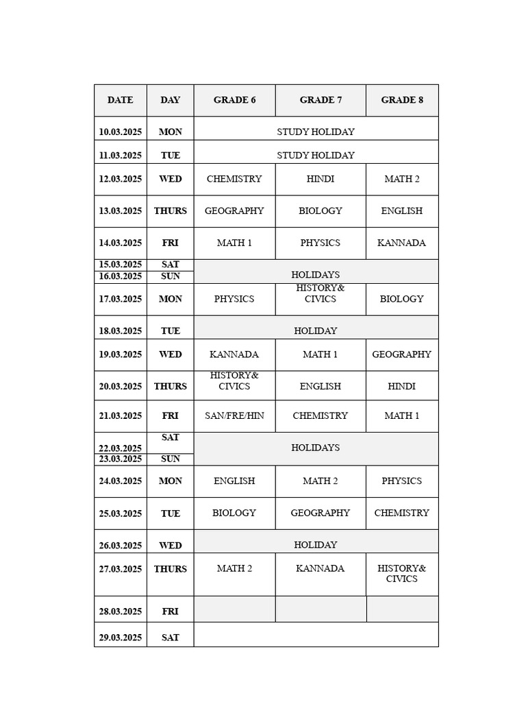 Grades 6 To 8 Yearly Examination 2024-25 Timetable 877566950 1739350658 | PDF