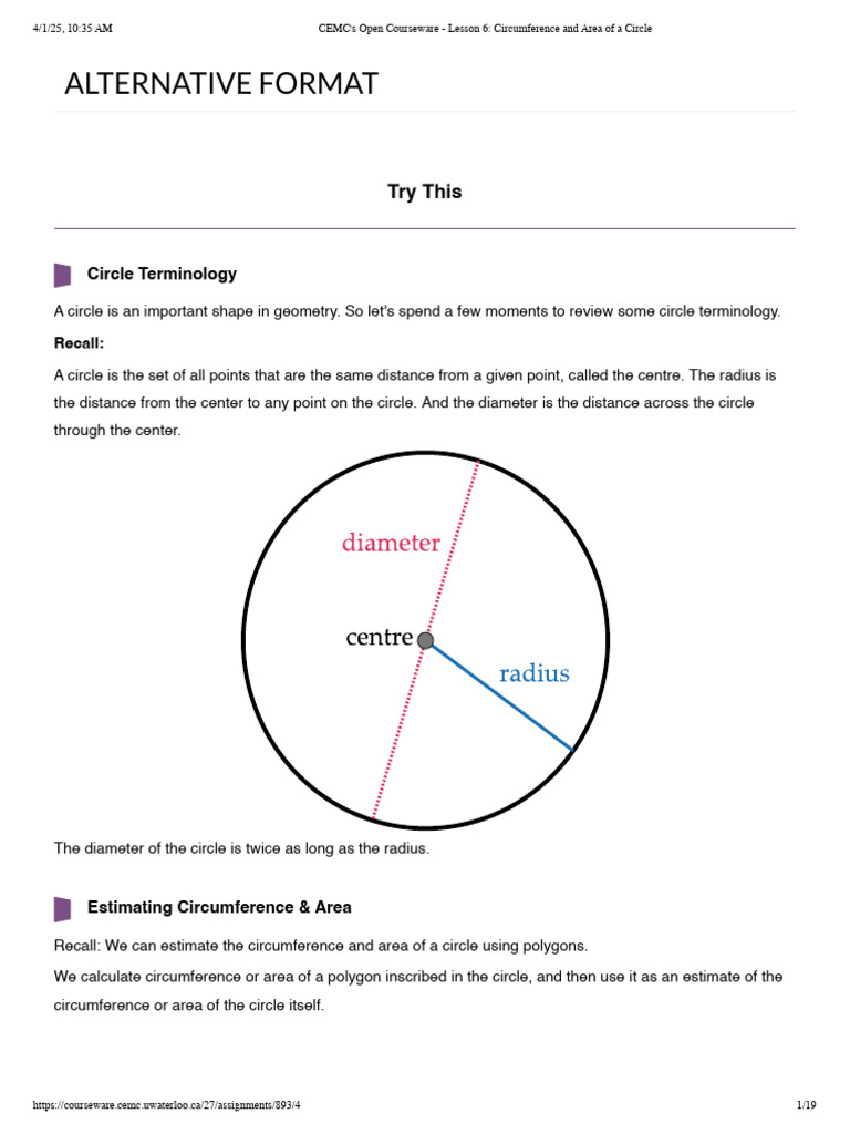 Lesson 6 - Circumference and Area of A Circle | PDF | Area | Circle