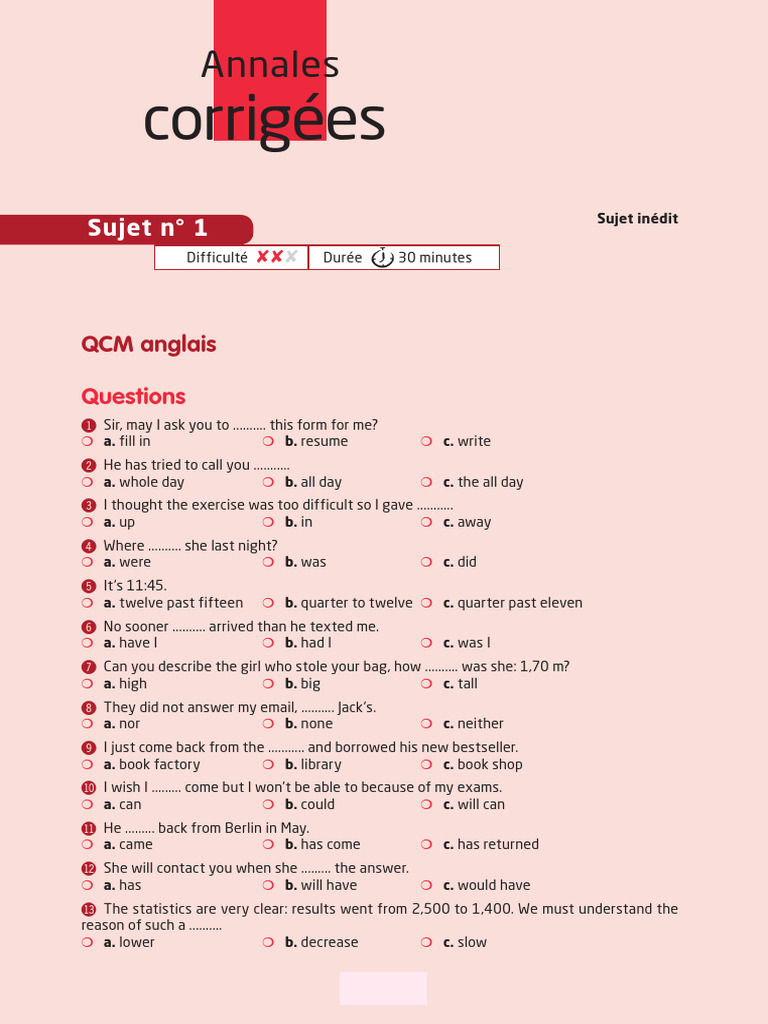 English QCM Exam Practice Questions | PDF