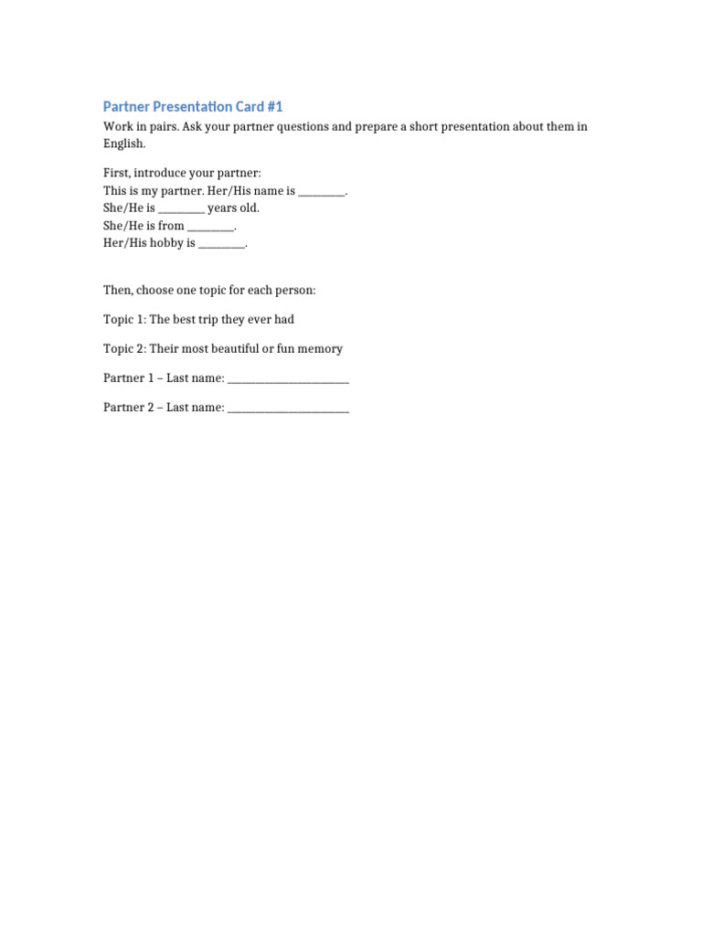 Partner Presentation Activity Cards | PDF