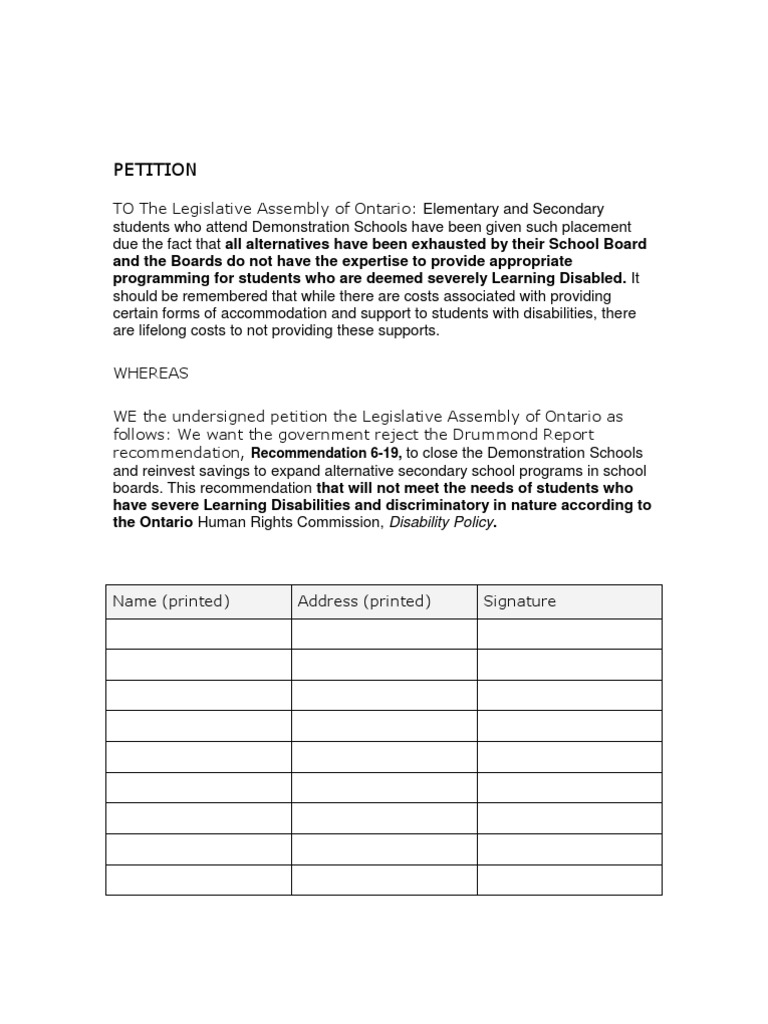 Save Ontario Demonstration Schools Petition | PDF