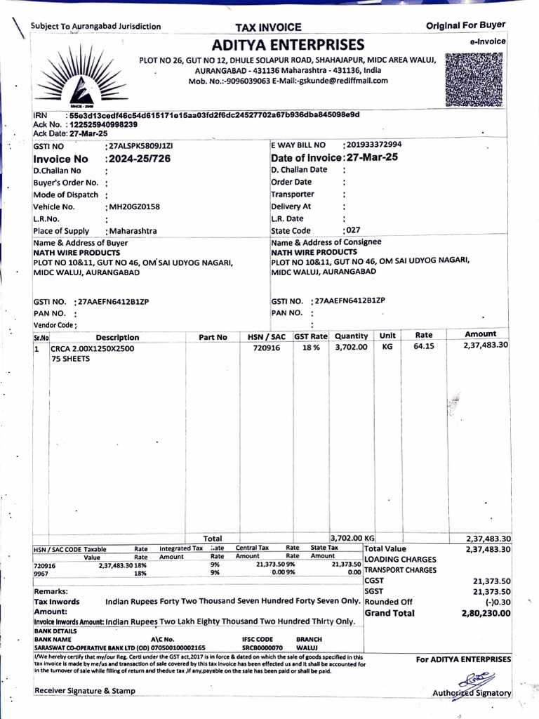 Aditya Enterprises Invoice | PDF | Invoice | Government