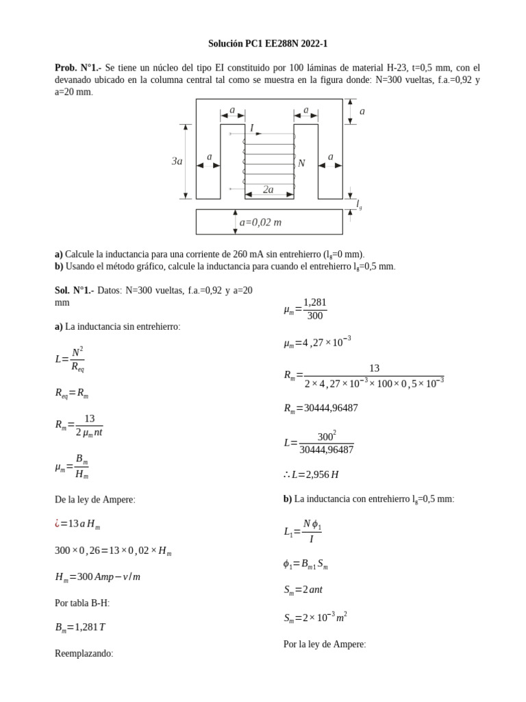 Solucionario PC1 EE288N Ciclo 2022-1 | PDF | Inductor | Ciencias fisicas