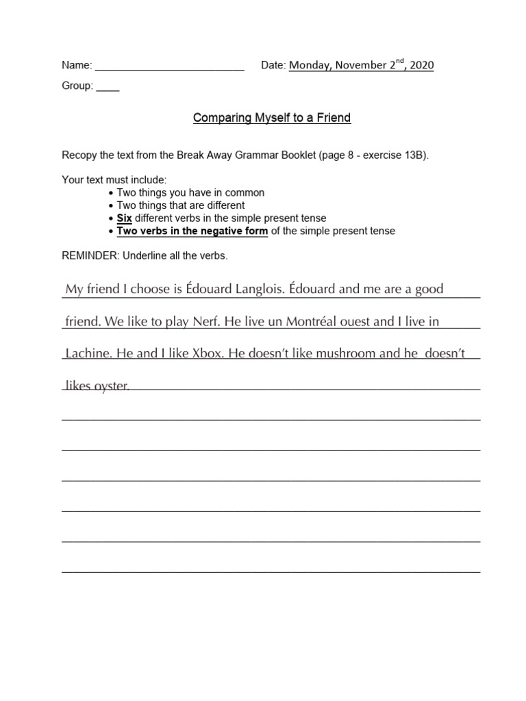 Comparing Myself to a Friend Exercise | PDF