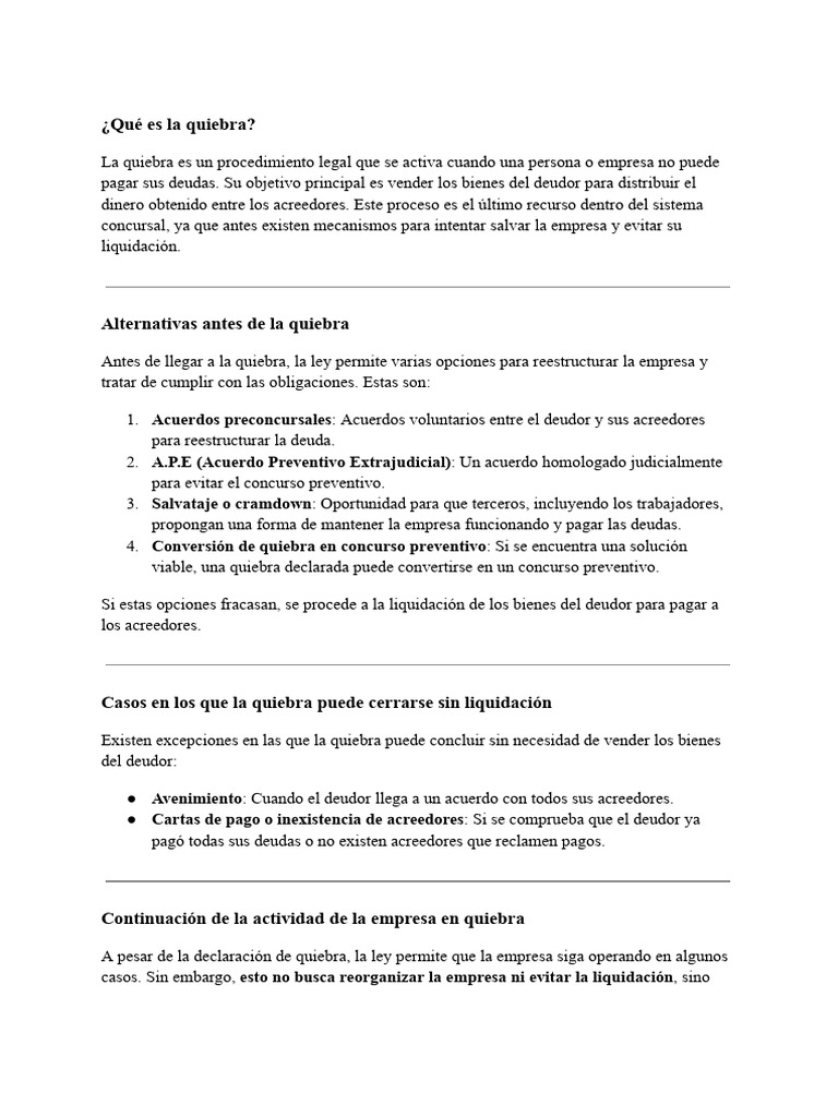 Proceso de Quiebra y Opciones Legales | PDF | Bancarrota | Liquidación