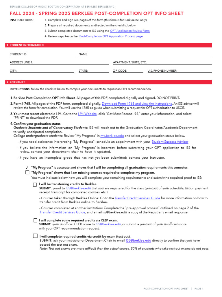 Berklee Post-Completion OPT Guide | PDF