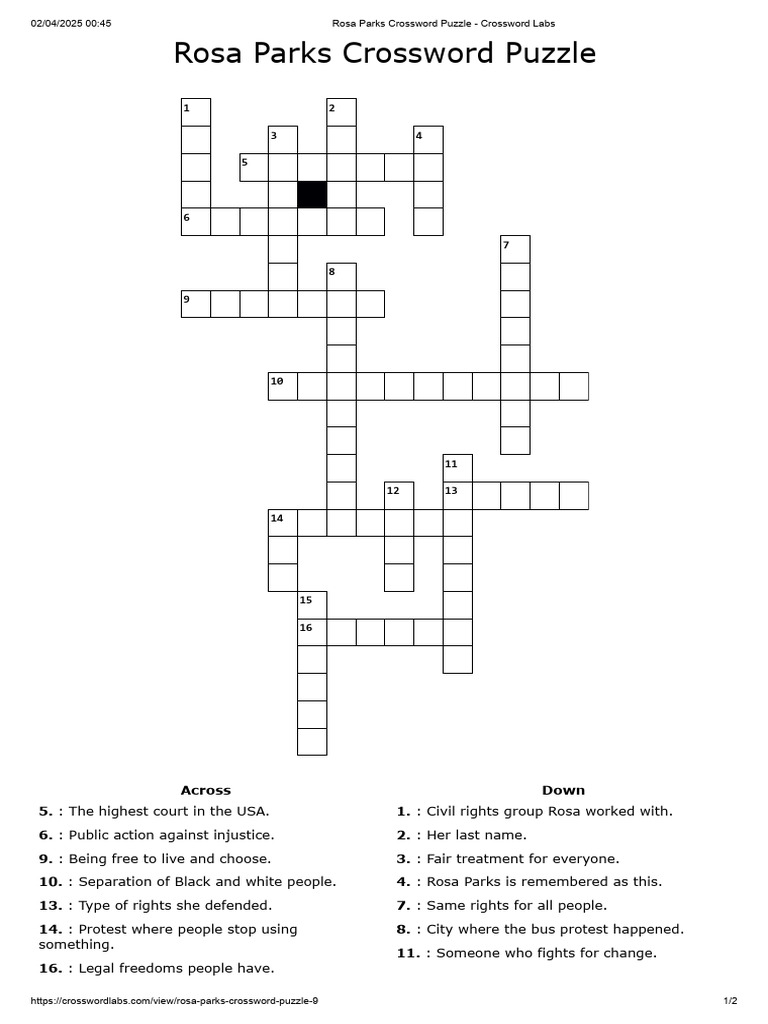 Rosa Parks Crossword Puzzle - Crossword Labs | PDF | Rosa Parks | Justice