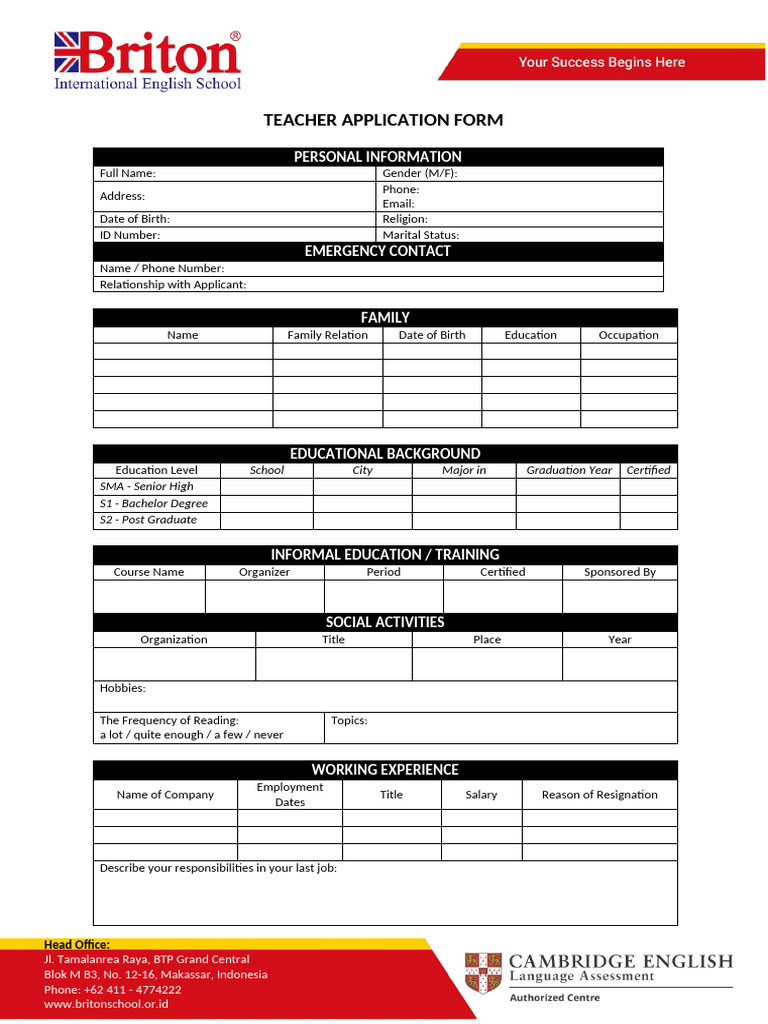 Teacher Application Form | PDF