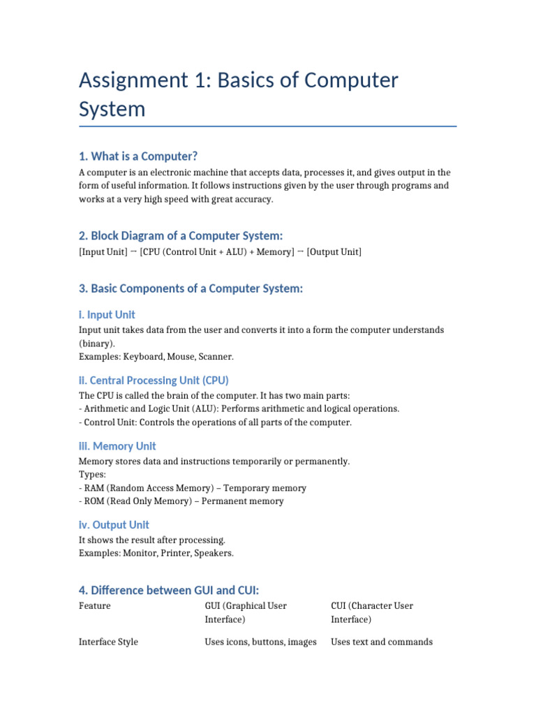 Assignment 1 Basics of Computer System | PDF