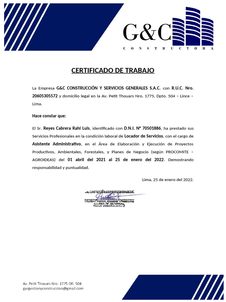CERTIFICADO DE TRABAJO - G&C Constructora Serv Gral SAC - JDSZ - 02 | PDF