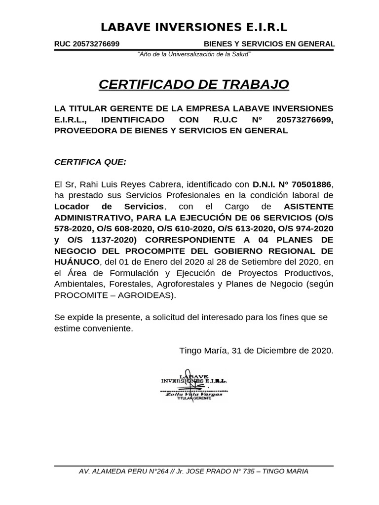 CERTIFICADOS DE TRABAJO LABAVE INVERSIONES EIRL - Juan Diego 03 | PDF