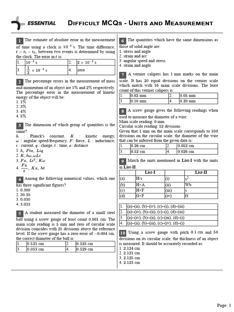 Difficult MCQs - Units and Measurement | PDF | Physical Quantities ...