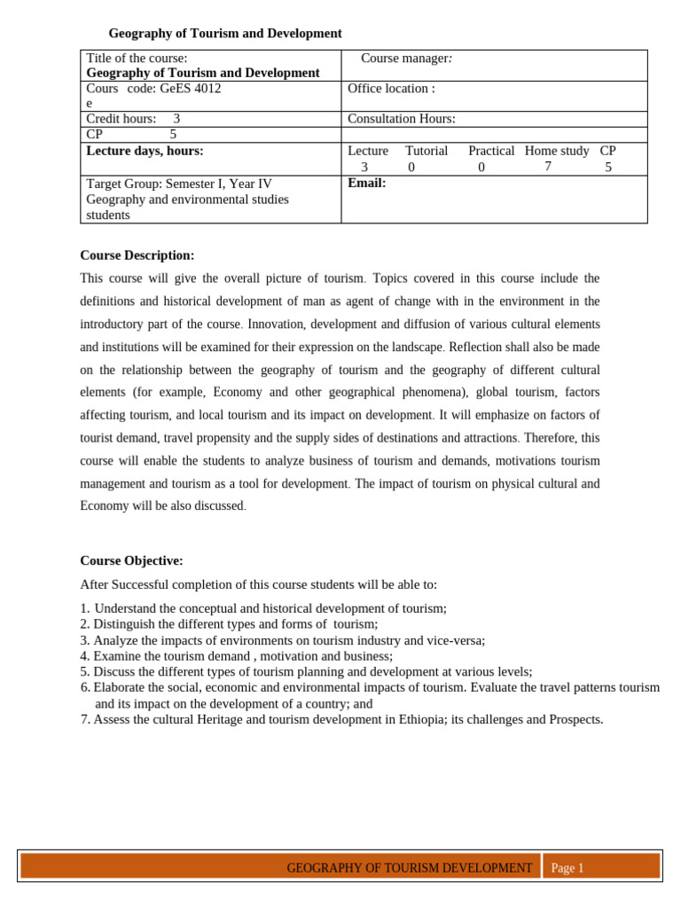 Geography of Tourism and Development Course | PDF | Tourism | Geography