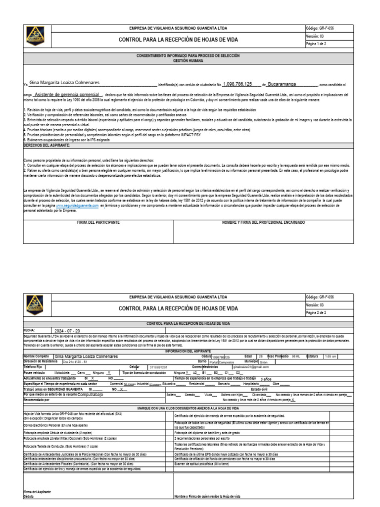 GR-F-056. Control para La Recepciòn de Hojas de Vida V3 | PDF | Información | Gestión de ...
