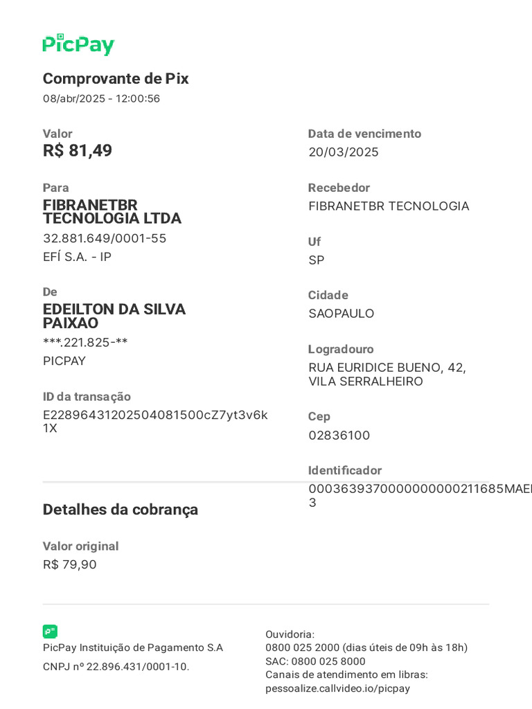 Comprovante Picpay PIX 08042025120102$ | PDF