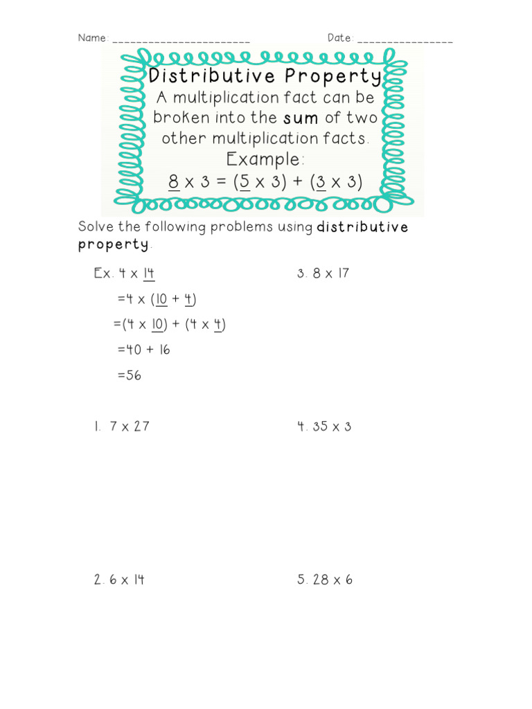 Distributive Property: Example: 8 X 3 (5 X 3) + (3 X 3) | PDF