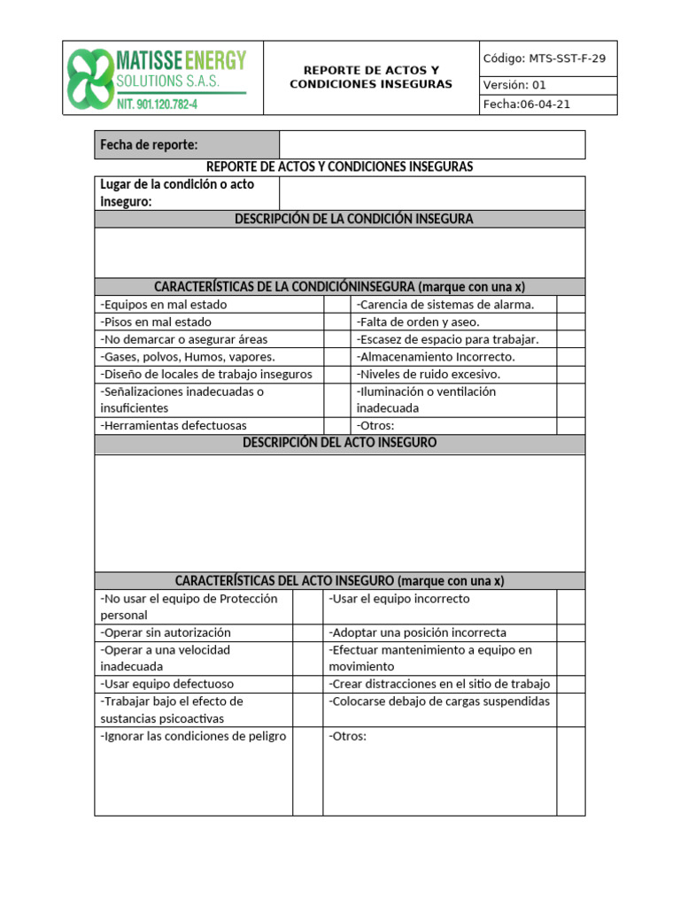 MTS-SST-F-29 Reporte de Actos y Condiciones Inseguras | PDF