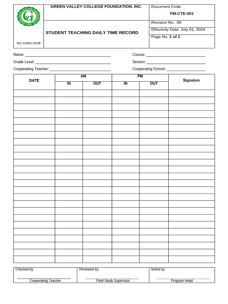 FM Cte Teaching Internship Daily Time Record | PDF