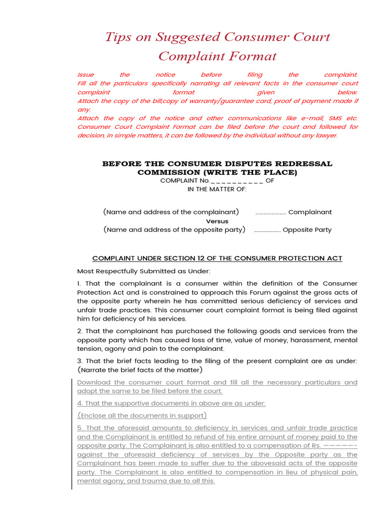 Tips On Suggested Consumer Court Complaint Format | PDF | Complaint ...