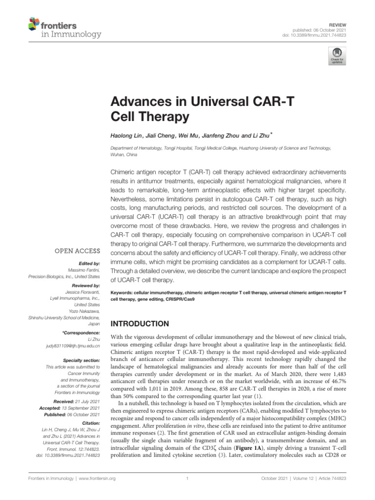 Advances in Universal CAR-T Cell Therapy | PDF | Natural Killer Cell ...