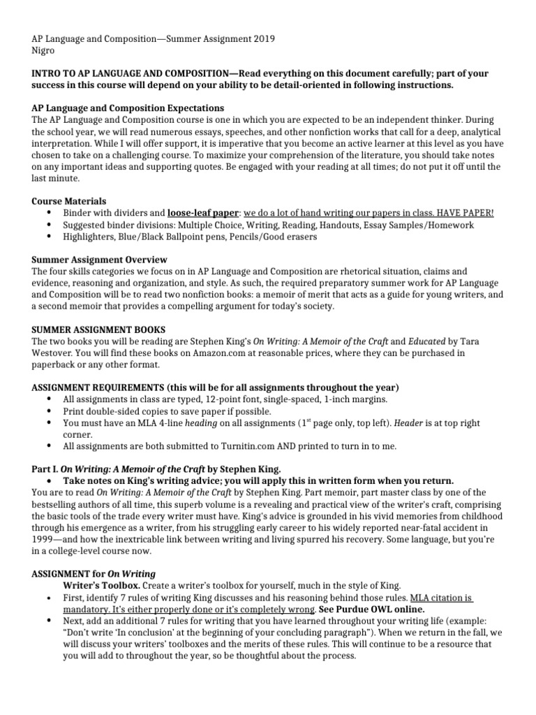 AP Lang Summer Assignment 2019 | PDF | Essays