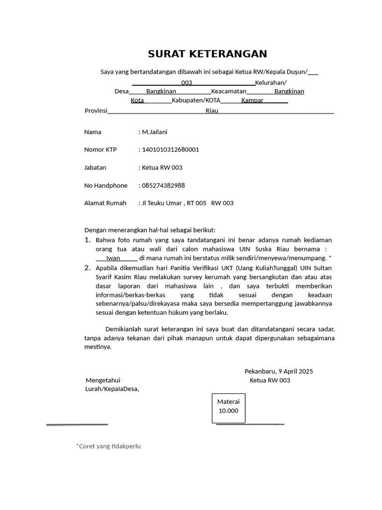 Surat Keterangan RW | PDF