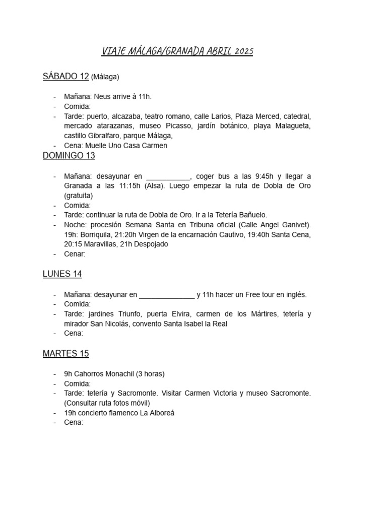 Itinerario Viaje Málaga y Granada 2025 | PDF