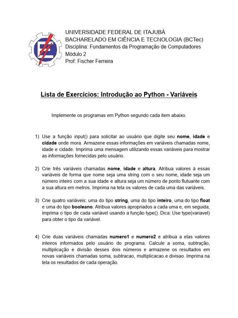 Lista - Introdução Ao Python | PDF | Python (linguagem de programação ...