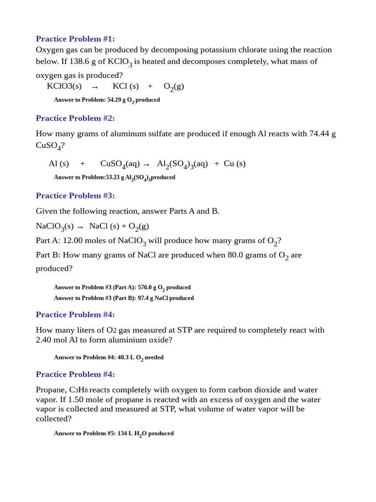 Stoichiometry Practice Problems | PDF