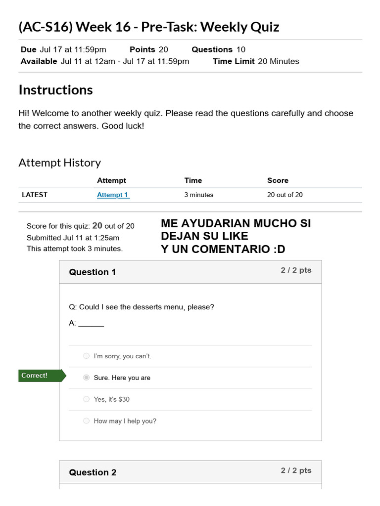 (AC-S16) Week 16 - Pre-Task_ Weekly Quiz_ INGLES II | PDF | Foods | Cuisine